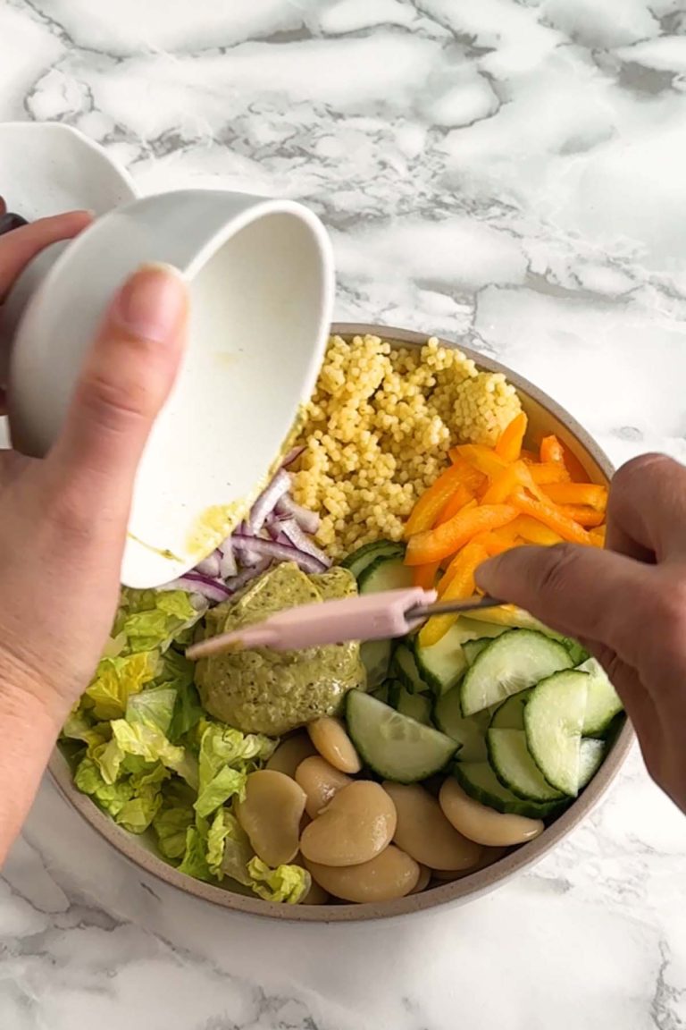 Mediterranean Acini di Pepe Bowls with Pesto Dressing - My Plant Based Bowl